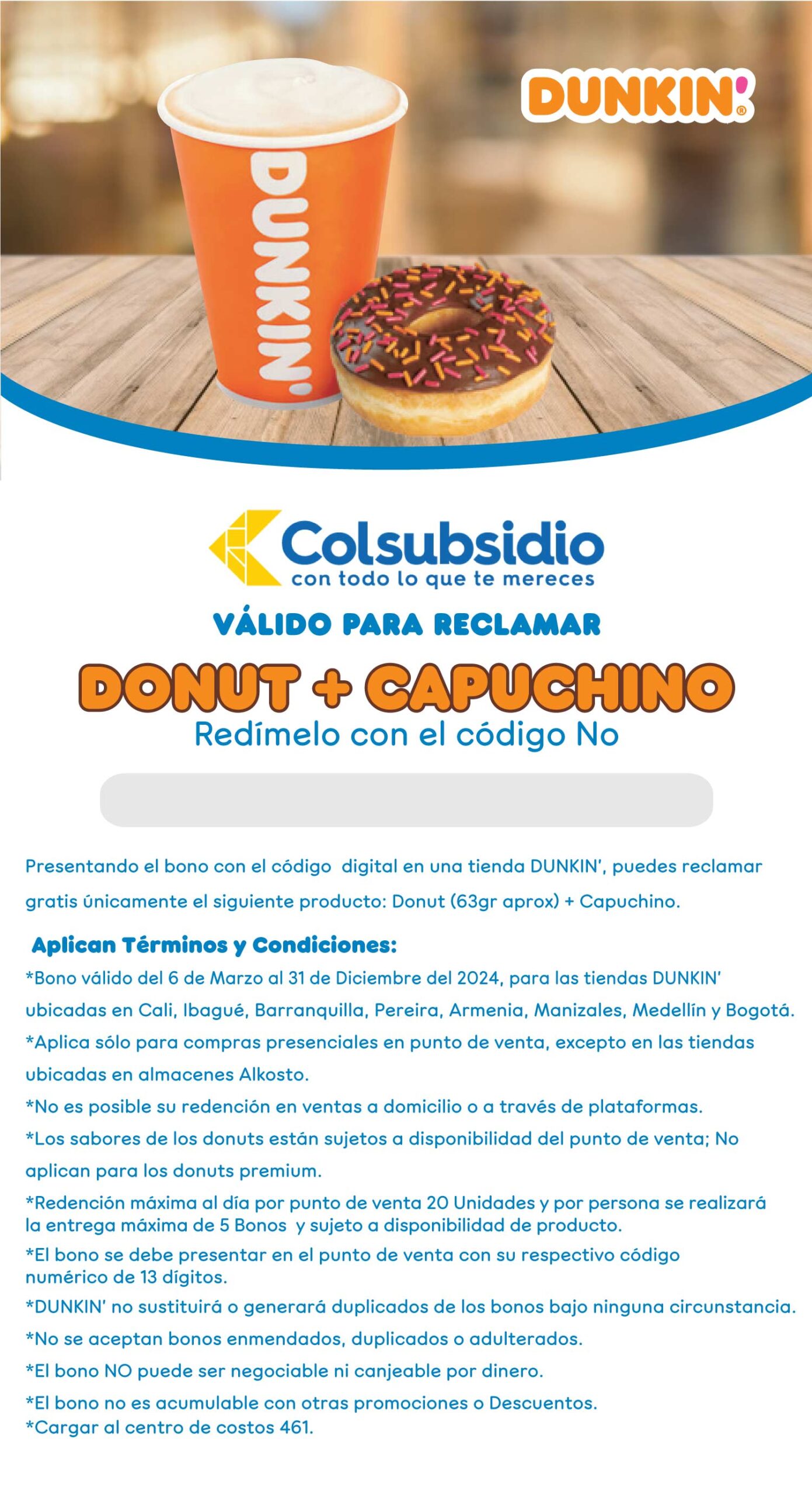 Bono Colsubsidio 1 Donut + Capuchino 10 oz | Convenios Ventas Corporativas